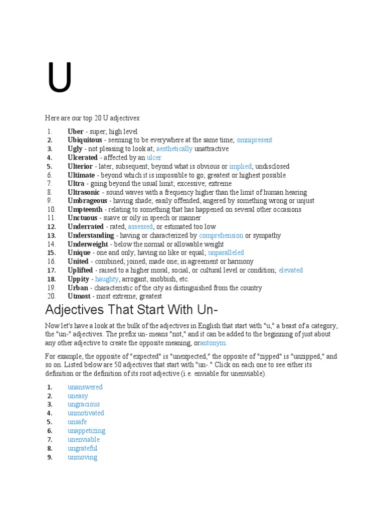Adjectives That Start With Un-: Omnipresent Aesthetically Ulcer Implied ...