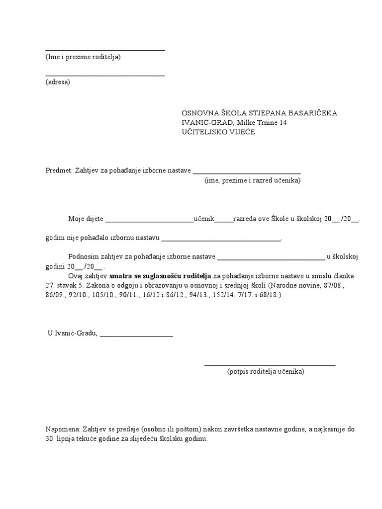 Zahtjev Roditelja Za Poha Anje Izborne Nastave | PDF
