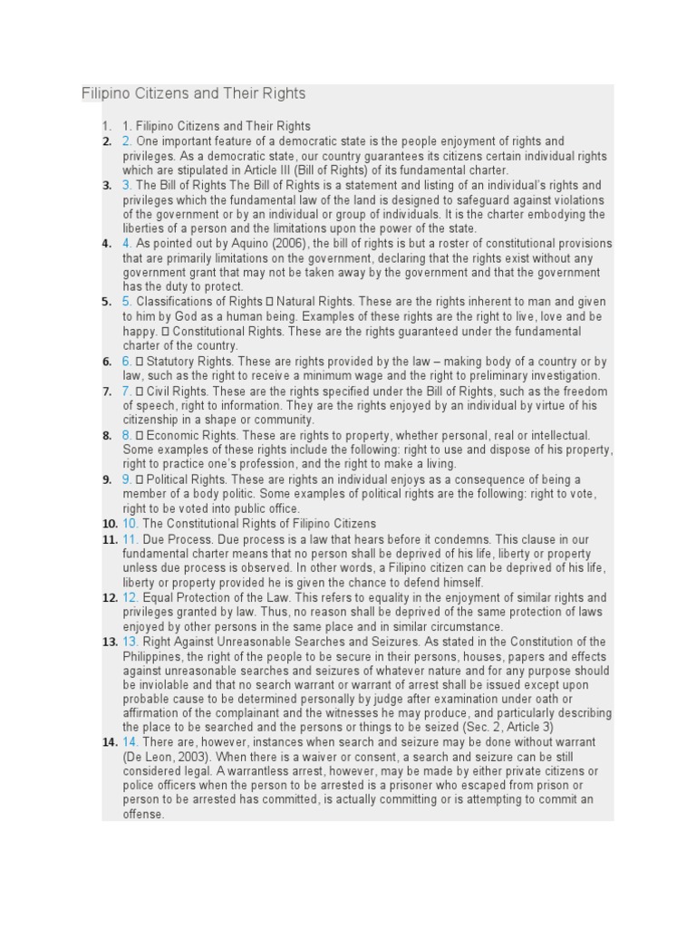 Filipino Citizens' Constitutional Rights | PDF | Right To Silence ...