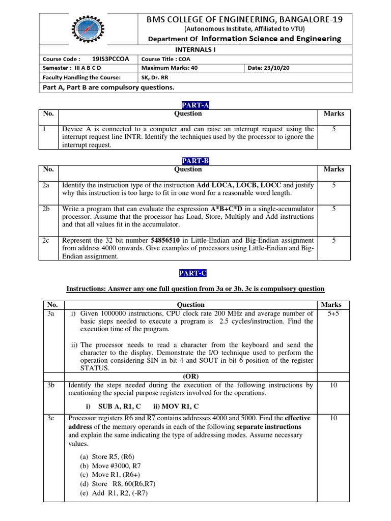 Coa Test 1 Paper Set B 2020-21 | PDF | Central Processing Unit ...