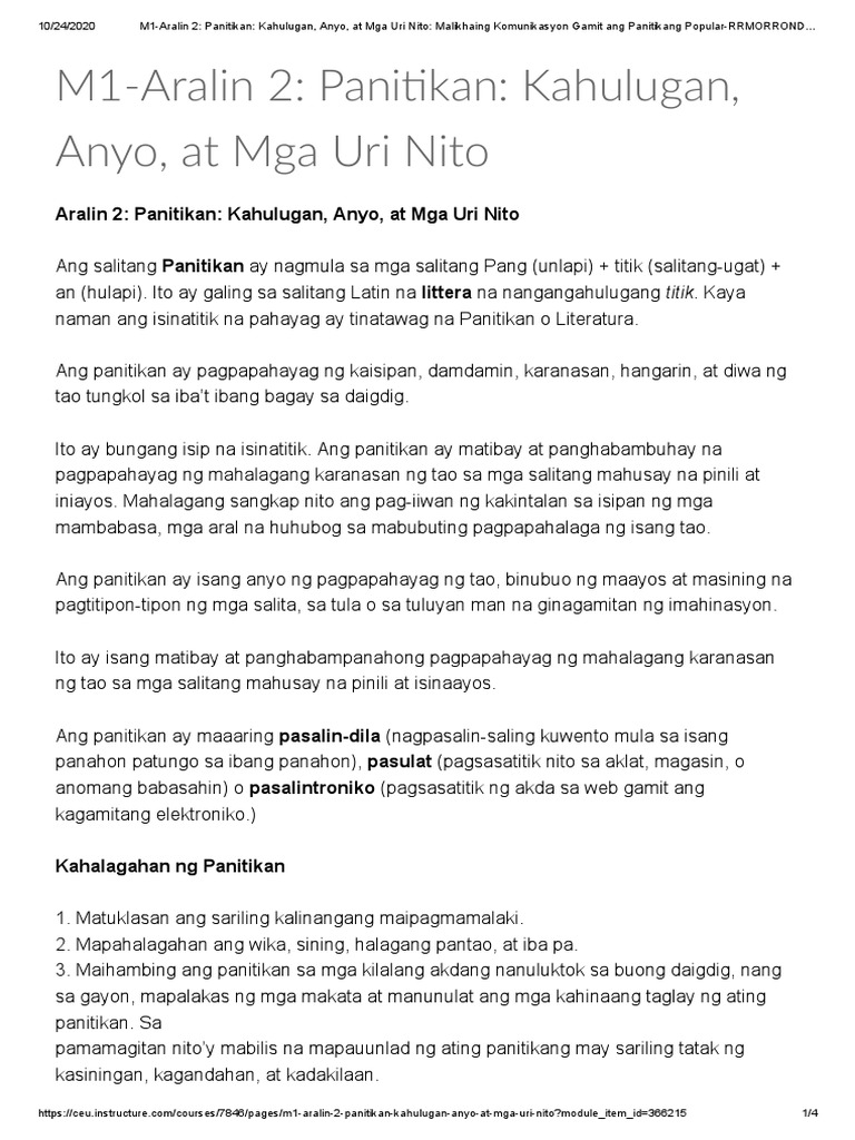 M1-Aralin 2 - Panitikan - Kahulugan, Anyo, at Mga Uri Nito - Malikhaing Komunikasyon Gamit Ang ...