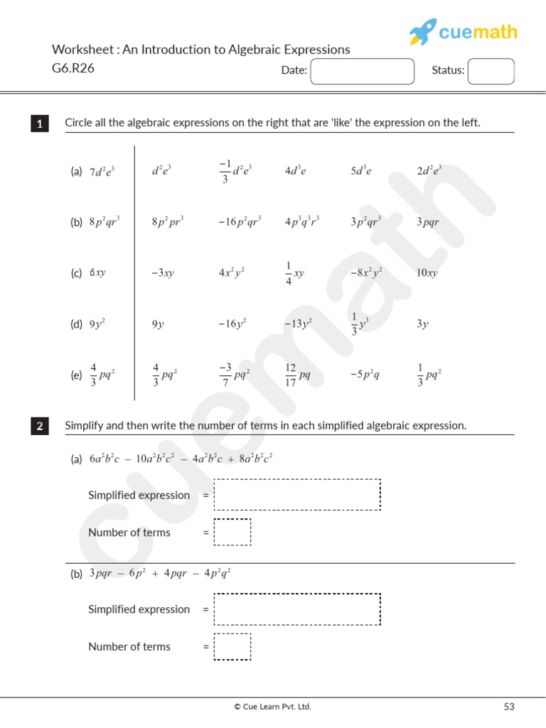 Worksheet: G6.R26 An Introduction To Algebraic Expressions: de de de de ...
