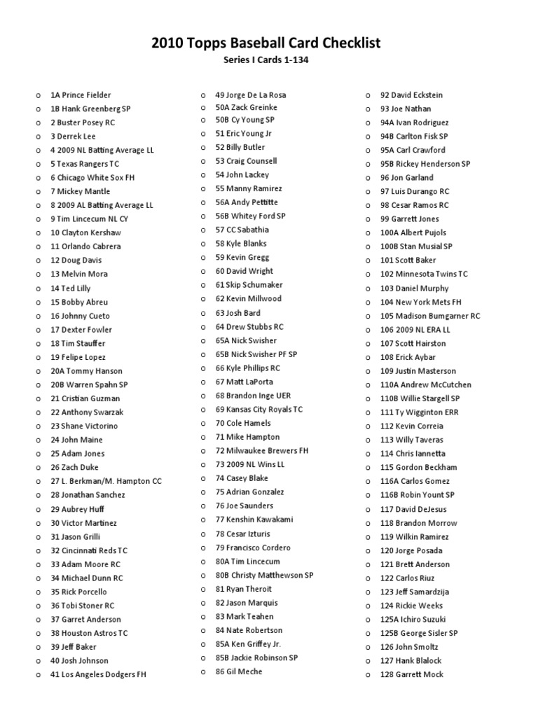 2010 Topps Baseball Card Checklist | PDF | New York Yankees | Trading Cards