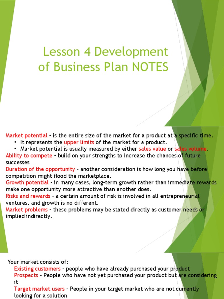 Lesson 4 Development of Business Plan NOTES | PDF | Entrepreneurship ...
