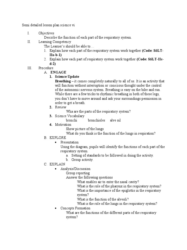 Semi Detailed Lesson Plan Science VI | PDF | Respiratory System | Lung