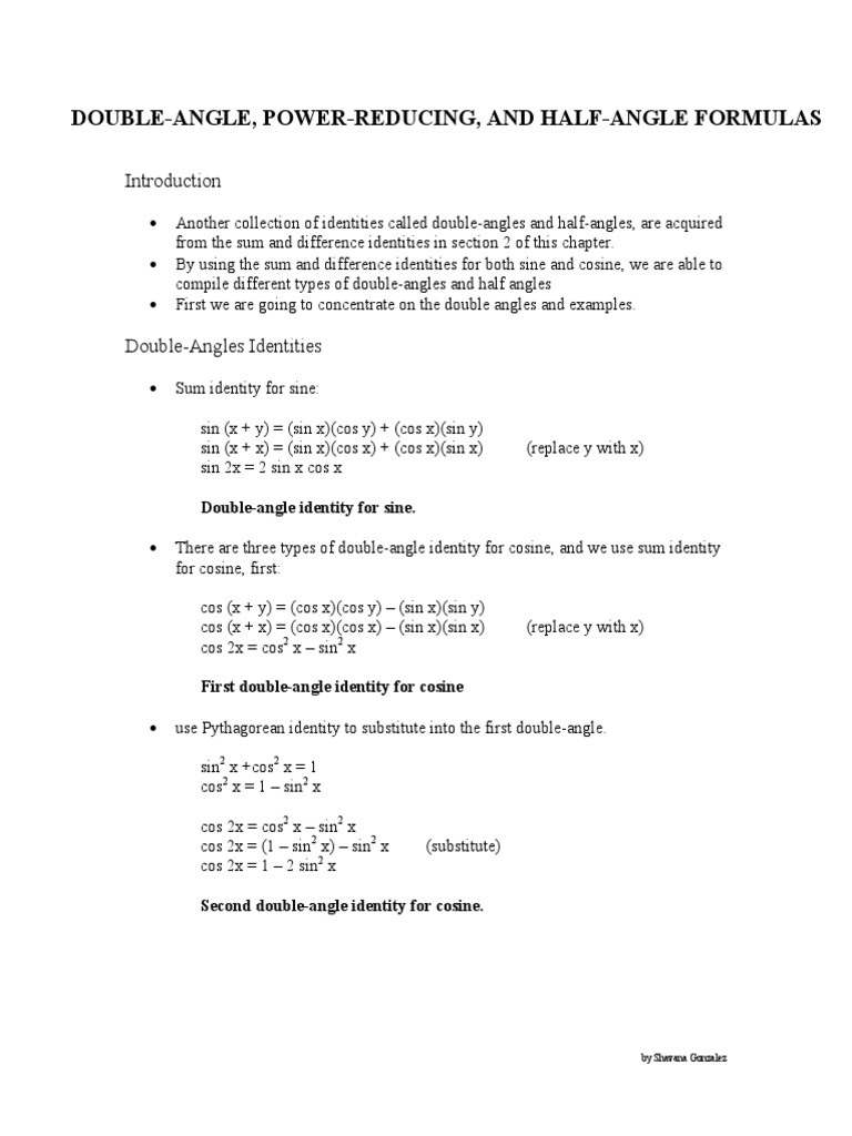 Math2412 Double Angle Power Reducing Half Angle Identities PDF | PDF ...