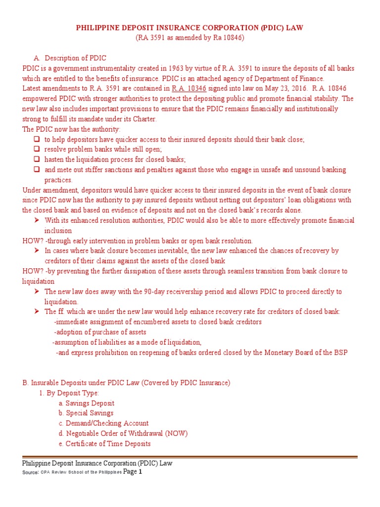 Philippine Deposit Insurance Corporation (PDIC) Law | PDF | Deposit ...