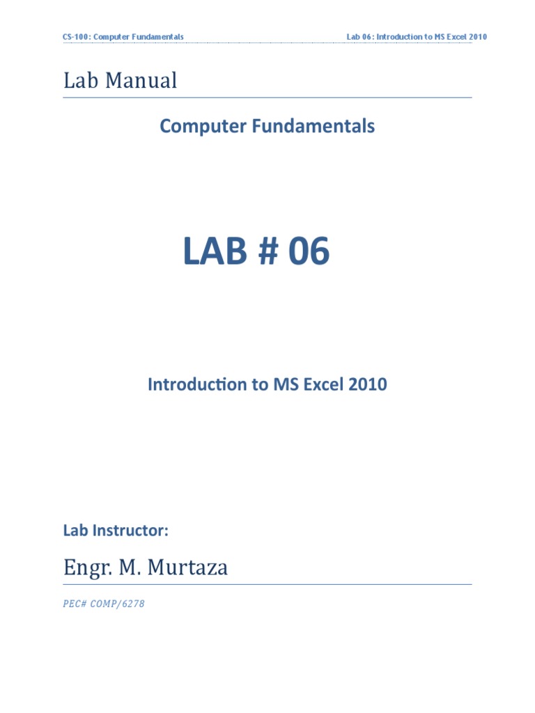 Lab 6 - Introduction To MS Excel 2010 | PDF | Microsoft Excel ...