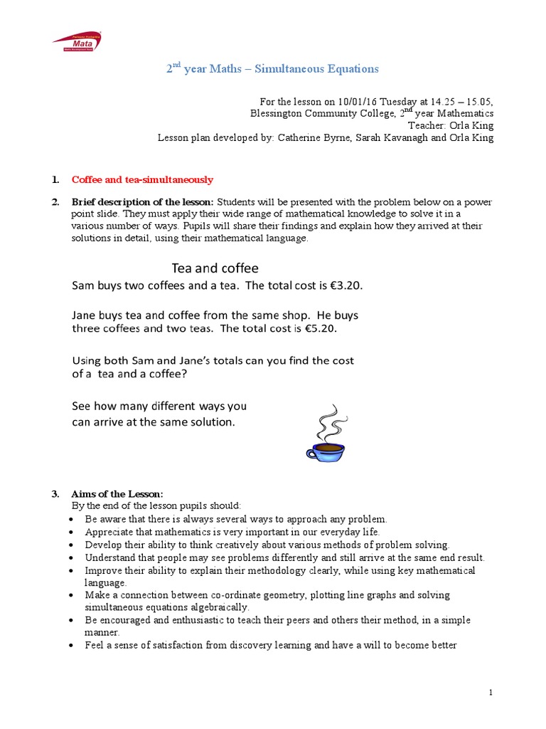 2 Year Maths - Simultaneous Equations: Coffee and Tea-Simultaneously ...