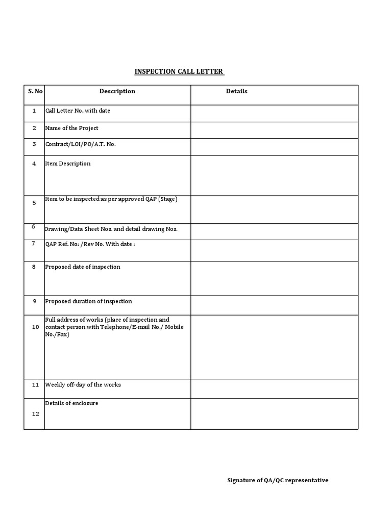 Inspection Call Format | PDF