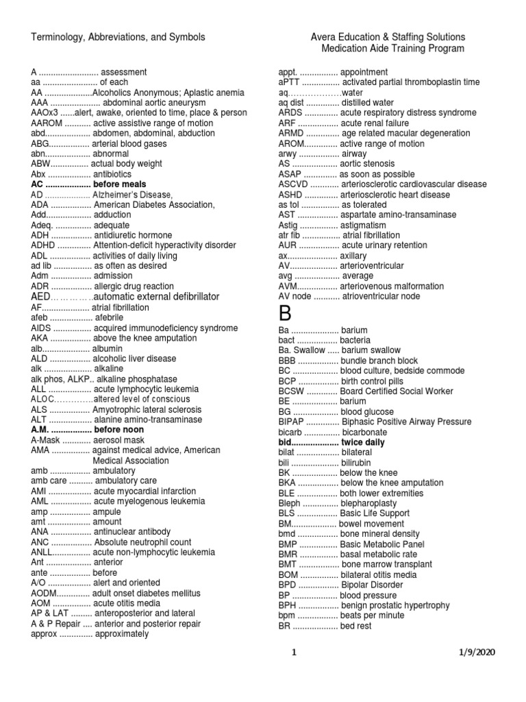 Terminology, Abbreviations, and Symbols Avera Education & Staffing ...
