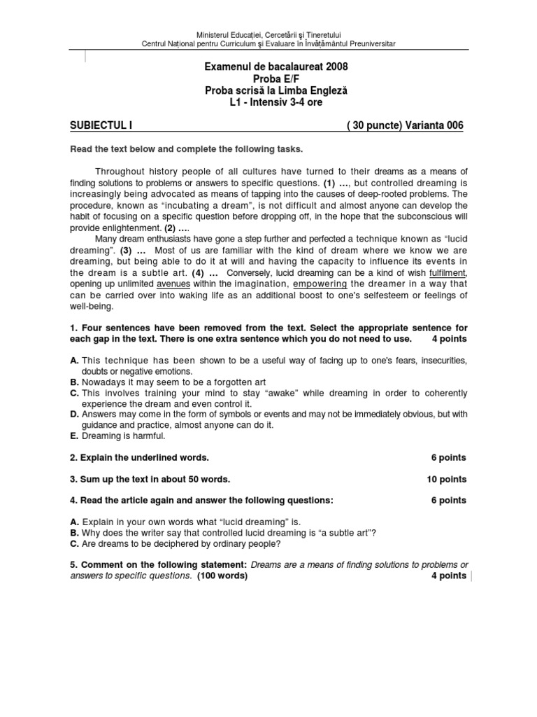 Examenul de Bacalaureat 2008 Proba E/F Proba Scris La Limba Englez L1 - Intensiv 3-4 Ore ...