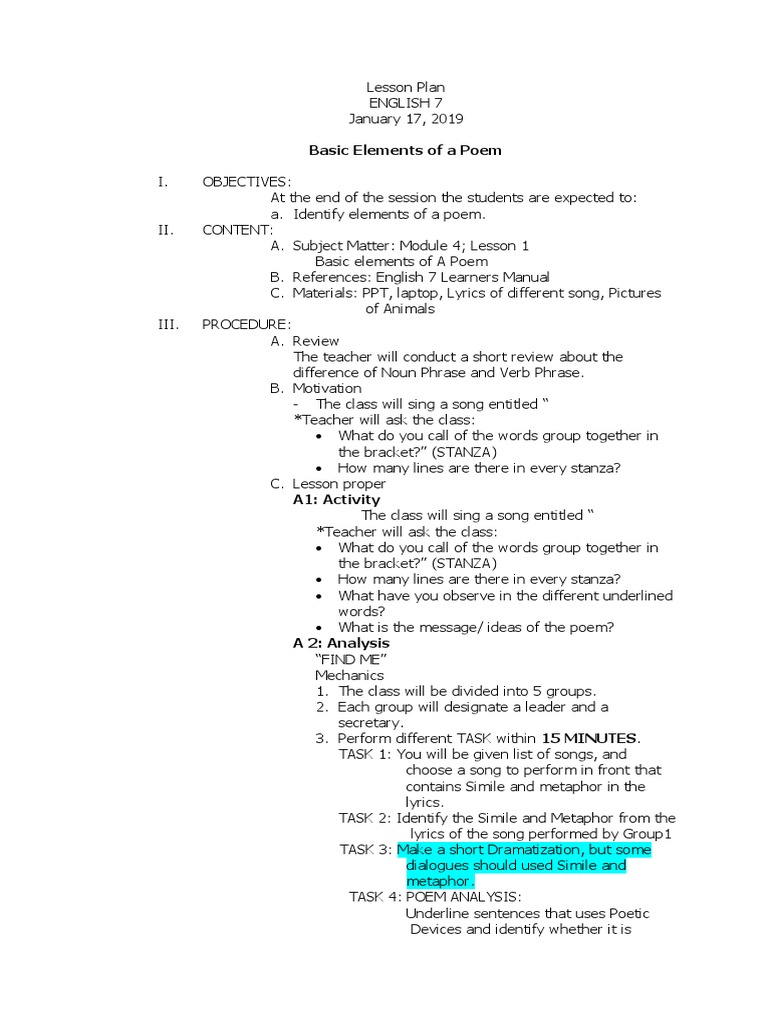 4 A's Lesson Plan | PDF | Metaphor | Lesson Plan