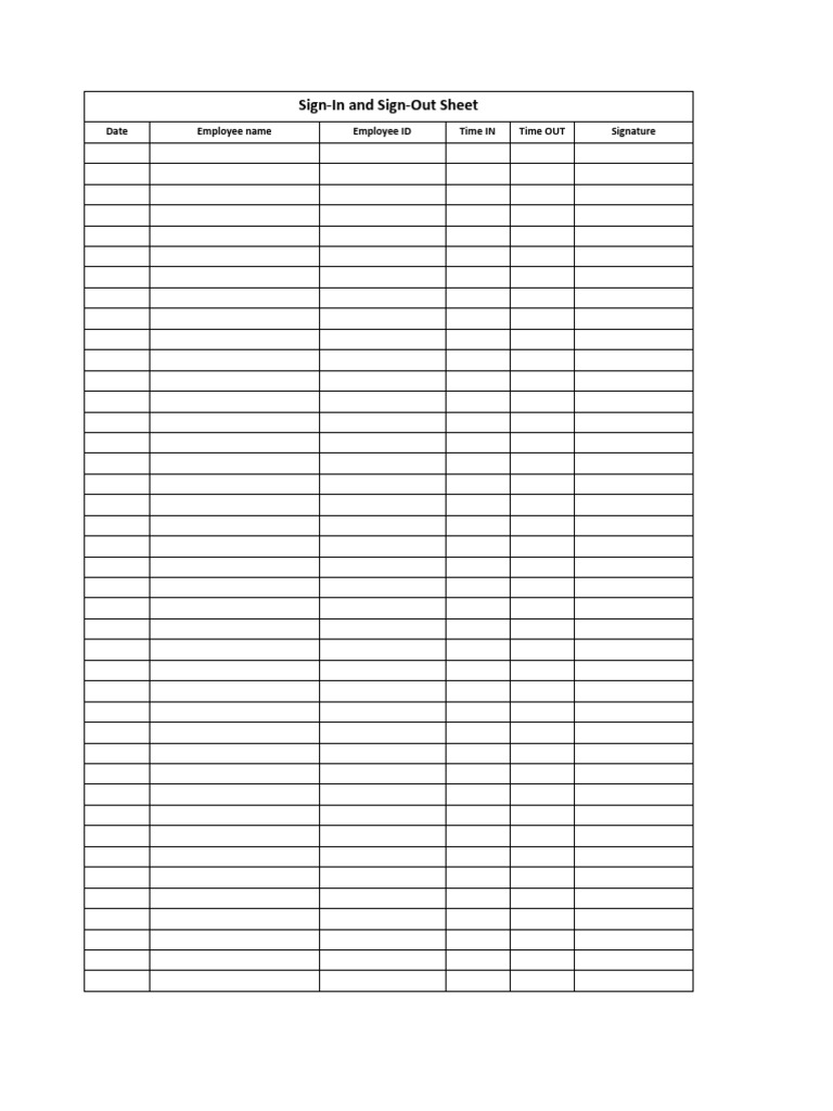 Sign-In and Sign-Out Sheet: Date Employee Name Employee ID Time IN Time ...
