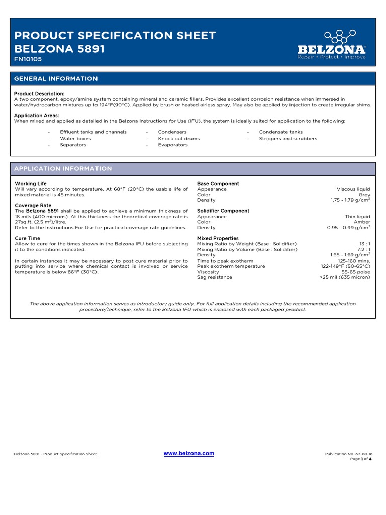Product Specification Sheet BELZONA 5891: General Information | PDF | Density | Electrical ...