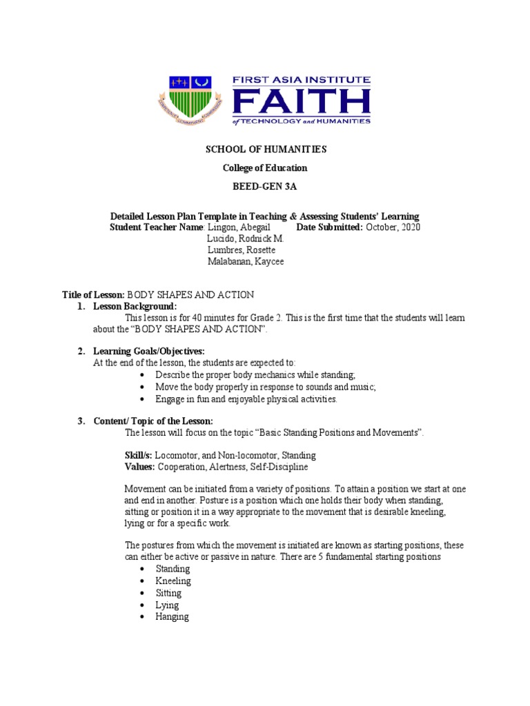 Group2 Lesson Plan Grade 2 Basic Positions and Movements | PDF ...