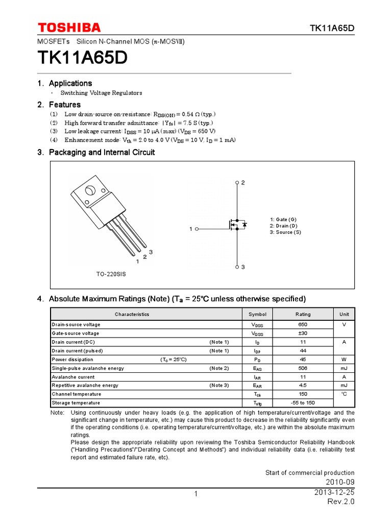 TK11A65D Datasheet en 20131225 | PDF | Field Effect Transistor | Mosfet