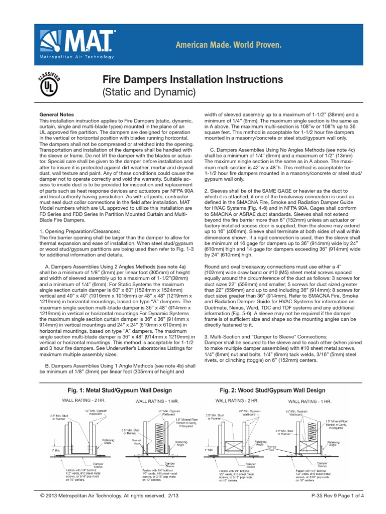 Fire Dampers Installation Instructions: (Static and Dynamic) | PDF ...