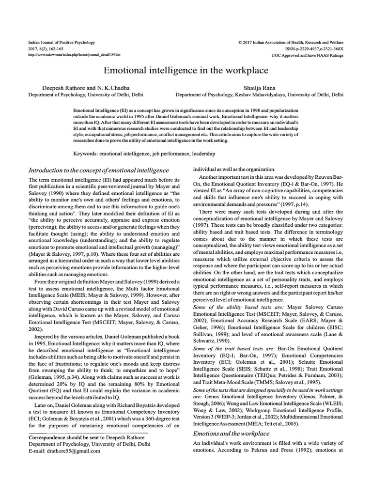 Emotional Intelligence In The Workplace Pdf Pdf Emotional