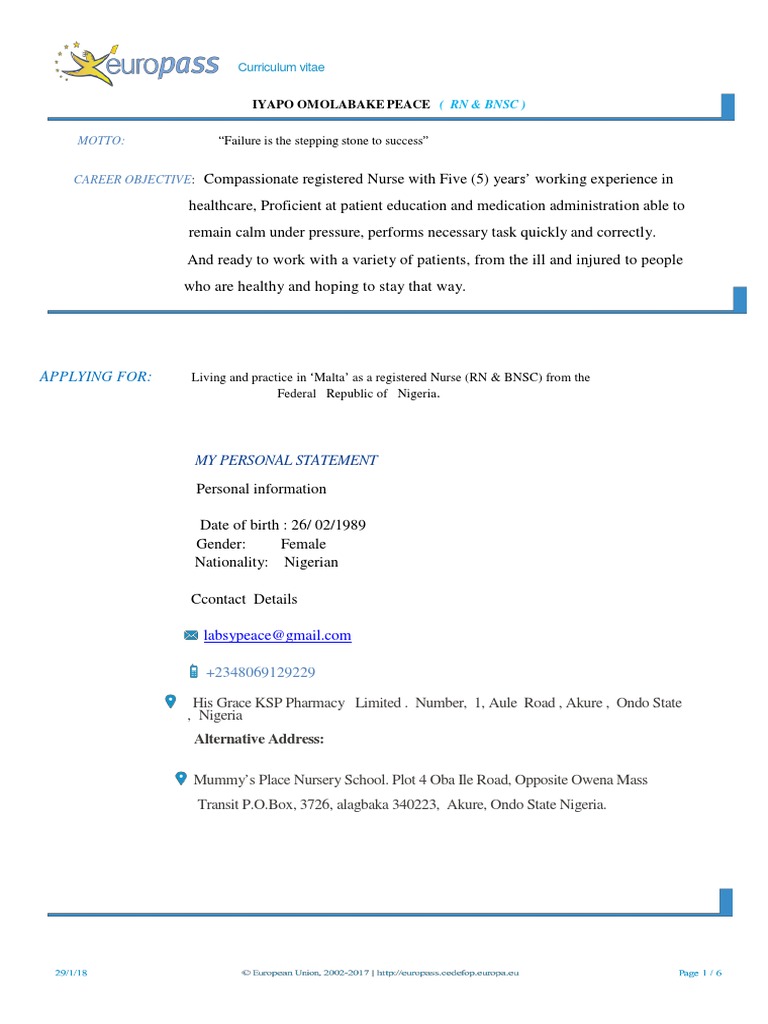 Registered Nurse CV for Malta Application | PDF | Nursing | Patient