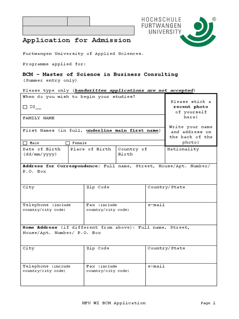Application For Admission: BCM - Master of Science in Business ...