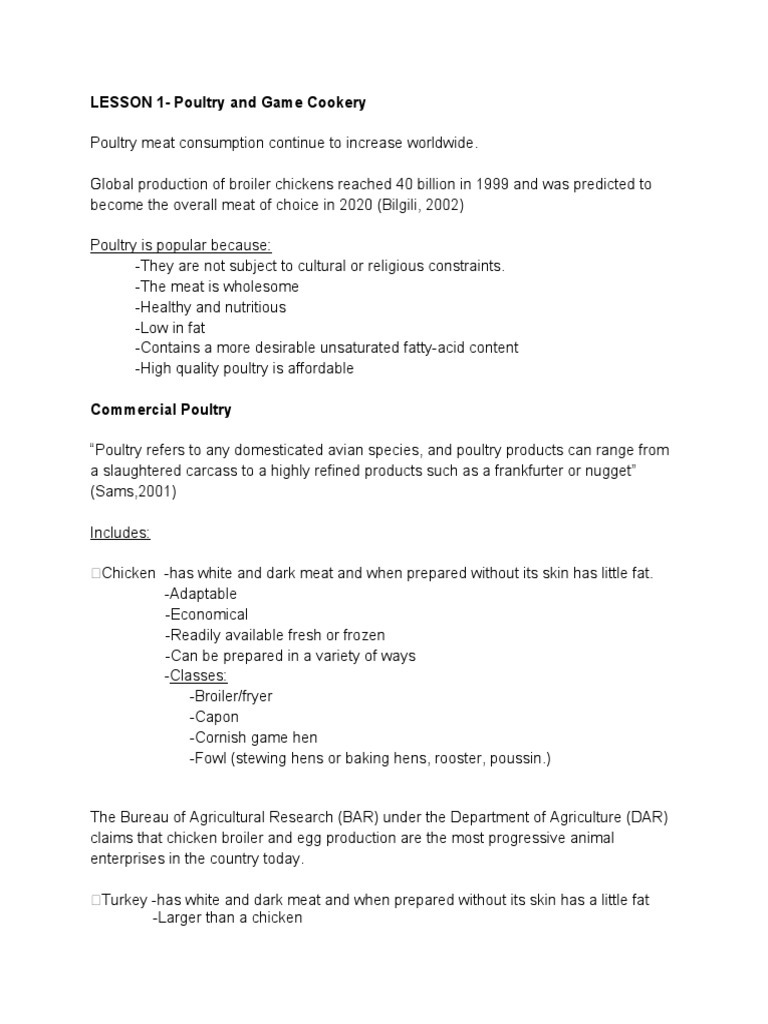 Tle 10 Poultry And Game Cookery Notes Pdf Poultry Lamb And Mutton
