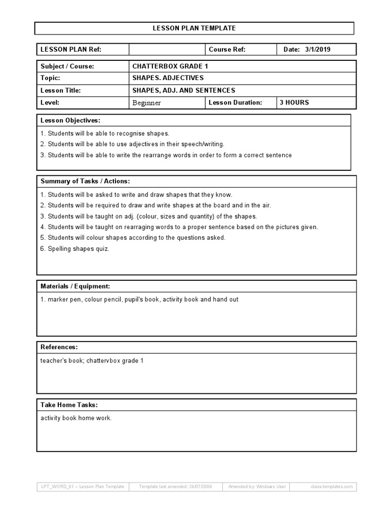 Lesson Plan Template Kiddy 2 | PDF