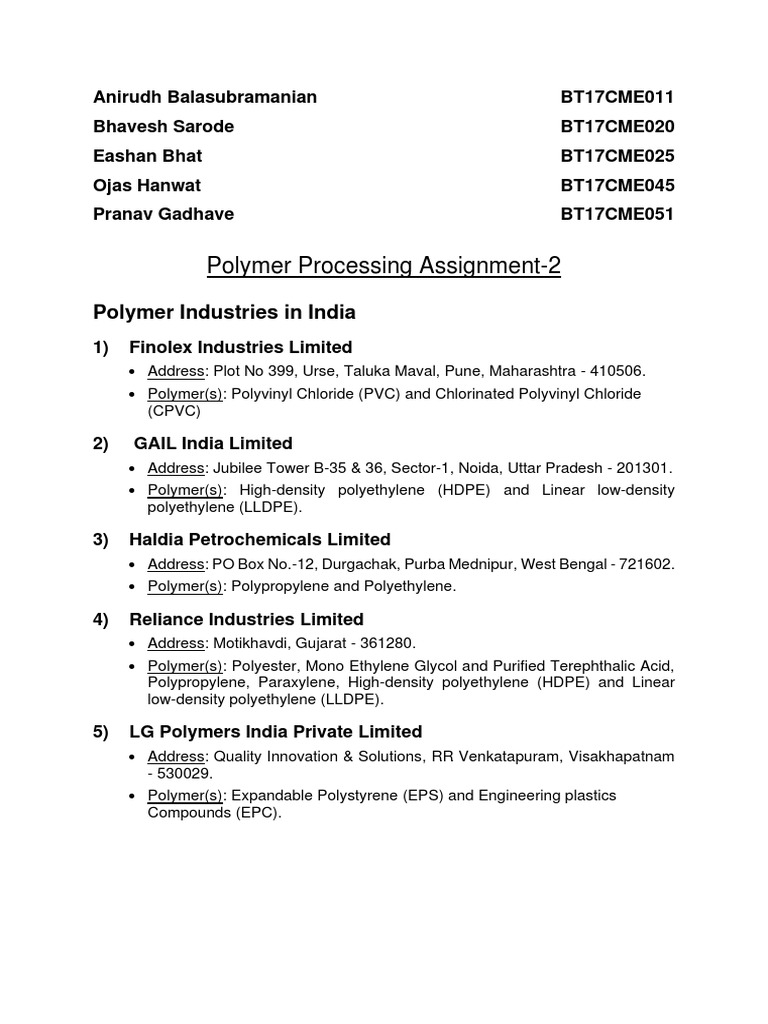 Polymer Processing Assignment-2 (11,20,25,45,51) | PDF | Polyethylene ...