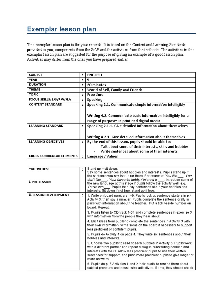 Speaking Lesson Plan for Year 5 | PDF | Lesson Plan | Sentence ...