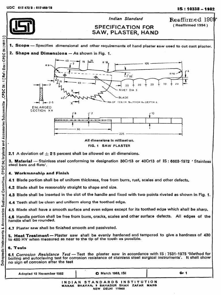 Indian Standard for Hand Plaster Saw | PDF | Blade | Plaster