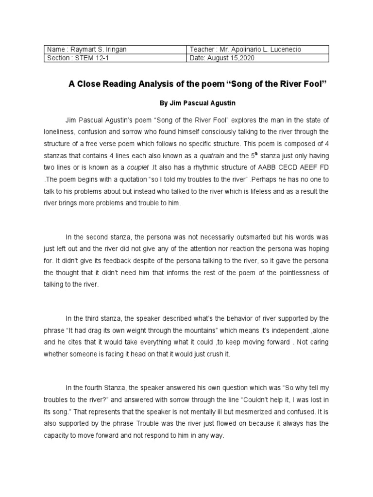 A Close Reading Analysis of The Poem "Song of The River Fool" | PDF ...