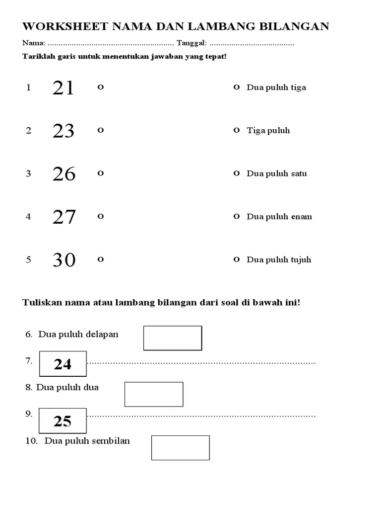 Worksheet Nama Dan Lambang Bilangan | PDF