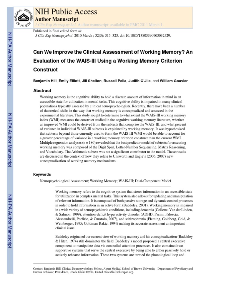 WAIS-III Evaluation of Working Memory Assesment PDF | Download Free PDF ...