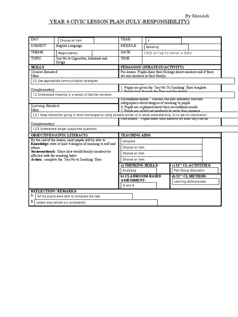 Year 4 Civic Lesson: Say No to Smoking | PDF | Lesson Plan | Teachers