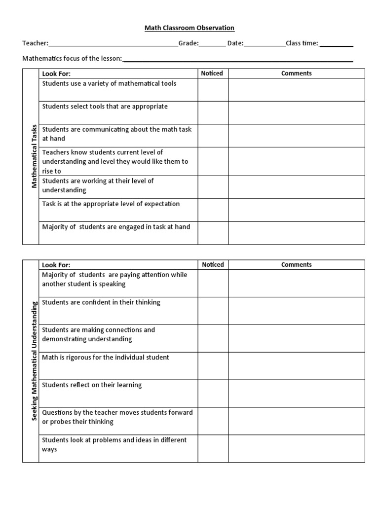 Math Classroom Observation Guide | PDF | Teaching Mathematics | Classroom