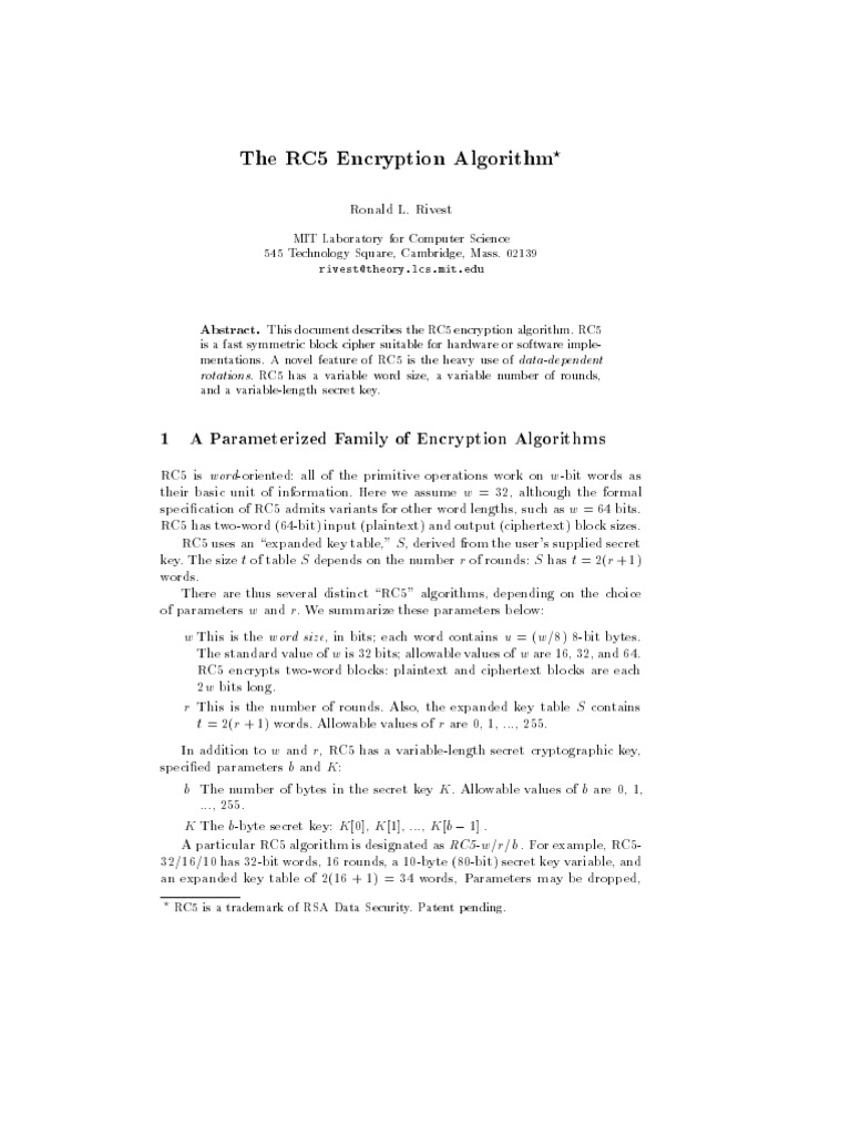 The rc5 Encryption Algorithm | PDF | Key (Cryptography) | Cryptography