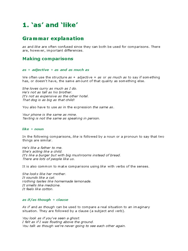 As' and Like': Grammar Explanation | Download Free PDF | Adjective ...
