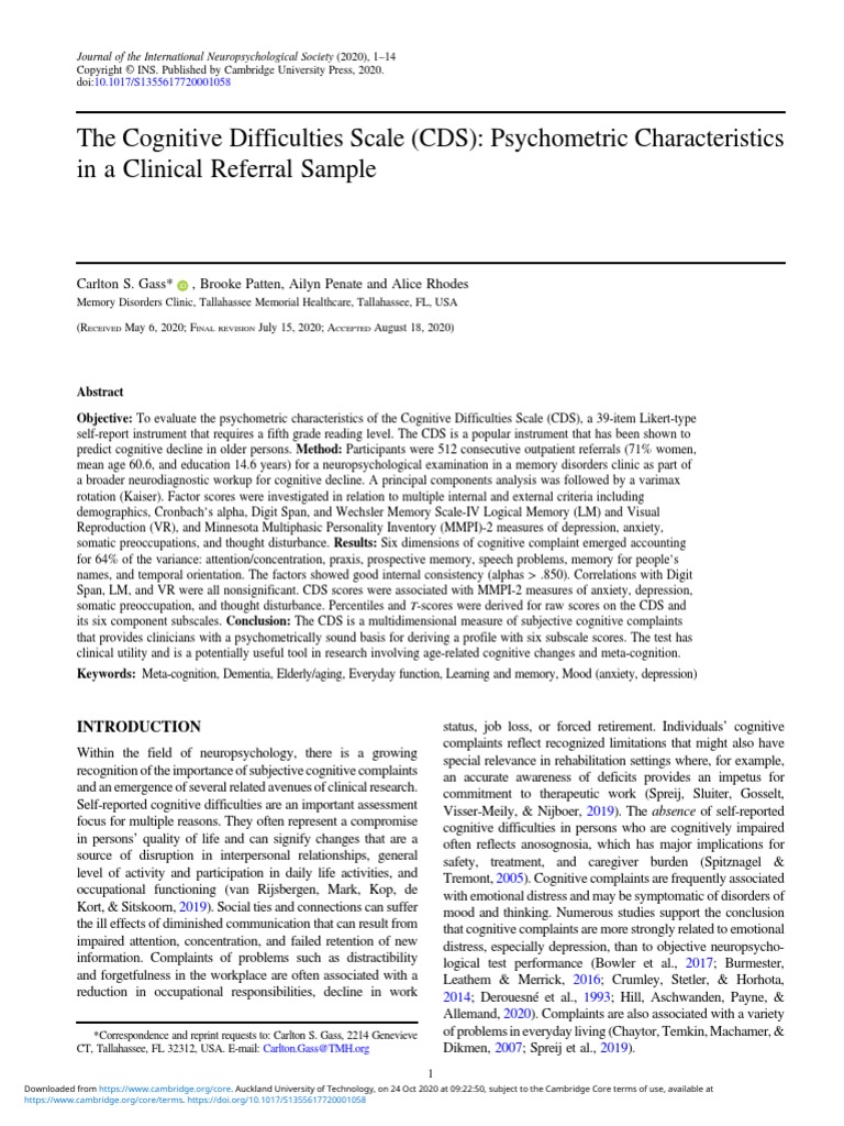 Cognitive Difficulties Scale CDS - Psychometric Properties | PDF ...