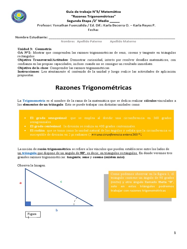 Guia de Aprendizaje #5 Razones Trigonométrica II Medio | PDF ...