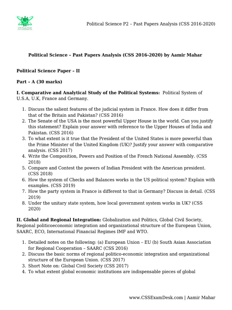 Political Science P2 – Past Papers Analysis (CSS 2016-2020) | PDF ...