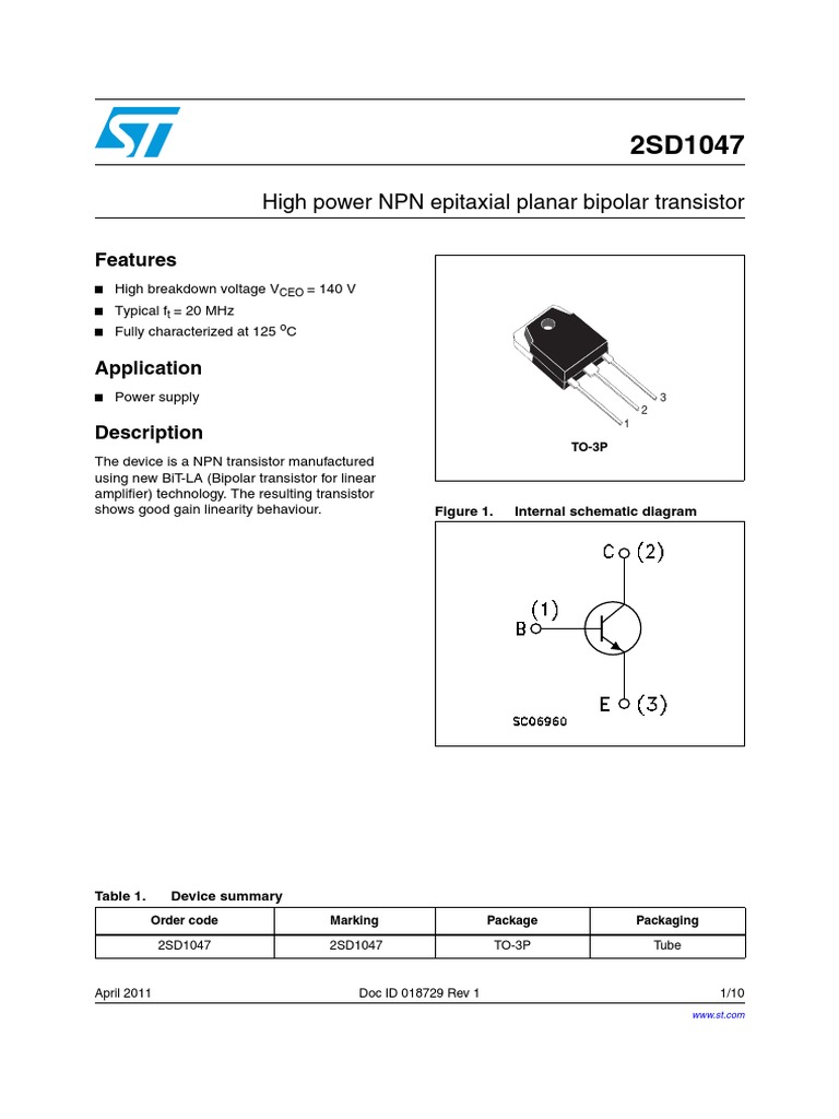 D1047 STMicroelectronics PDF | PDF | Bipolar Junction Transistor | Electrical Engineering