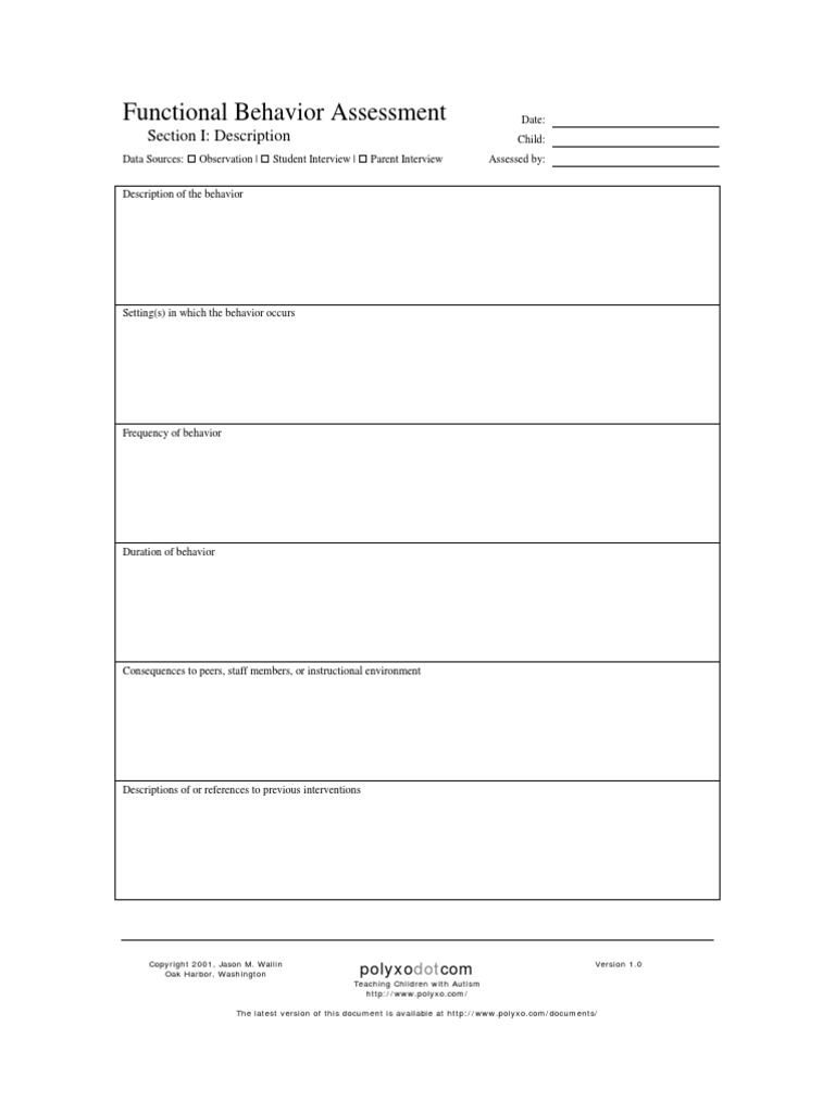 Printable Functional Behavior Assessment Form - Printable Forms Free Online
