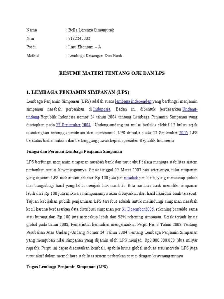 Resume LPS Dan OJK | PDF
