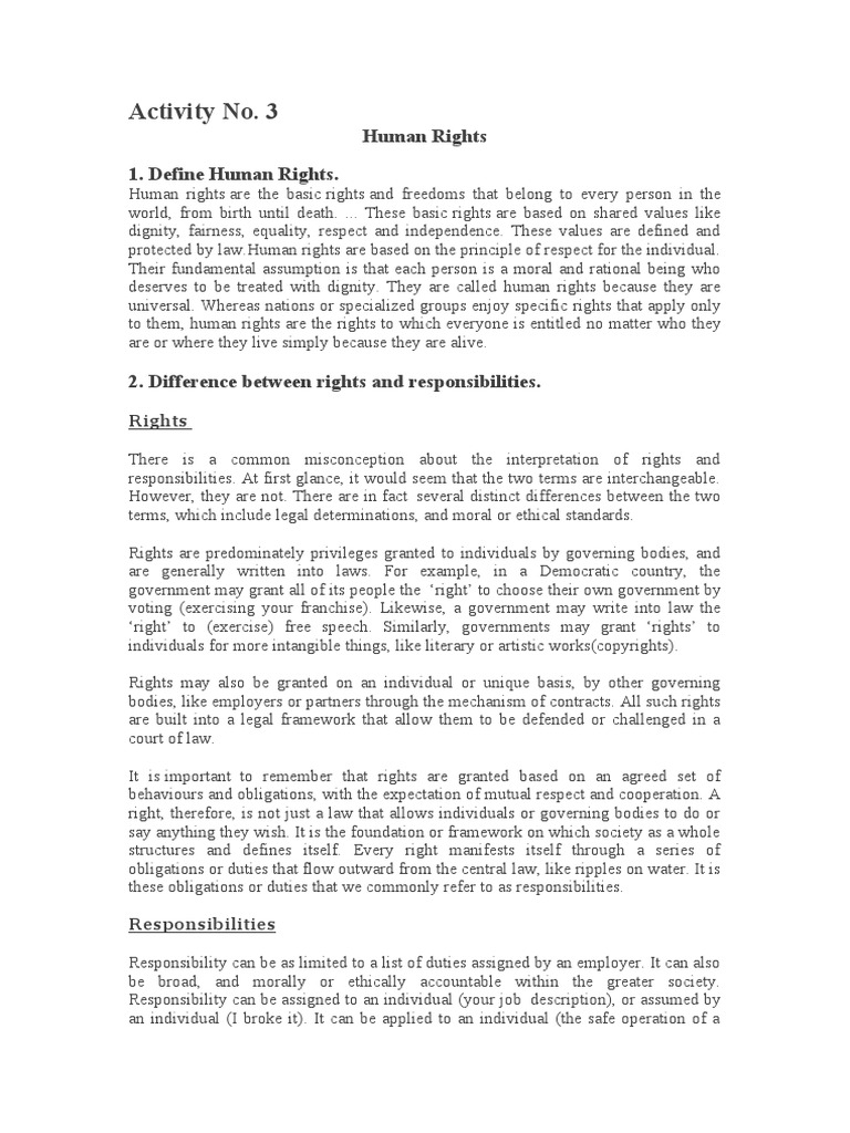 Activity No. 3: Human Rights 1. Define Human Rights | PDF | Civil And ...