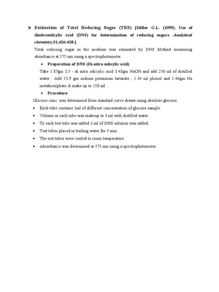 Estimation of Total Reducing Sugar (TRS) : Chemistry, 31,426-428.) | PDF