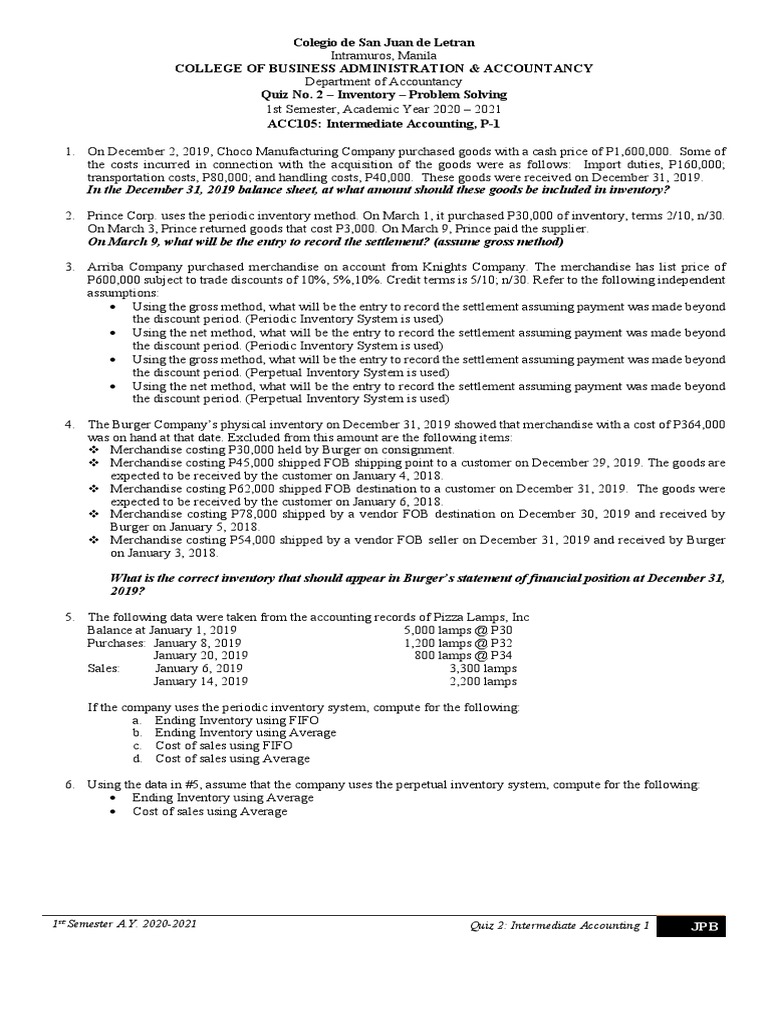 Quiz#2 Problem Solving Inventory | PDF | Cost Of Goods Sold | Inventory