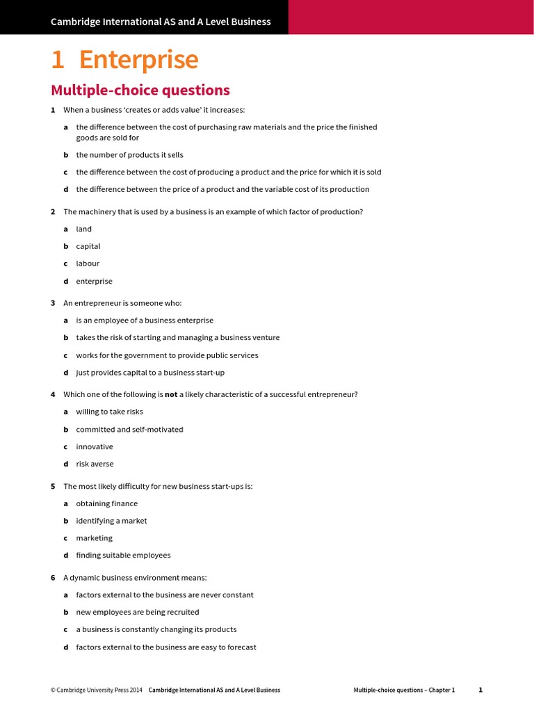 1 Enterprise: Multiple-Choice Questions | PDF | Social Enterprise ...