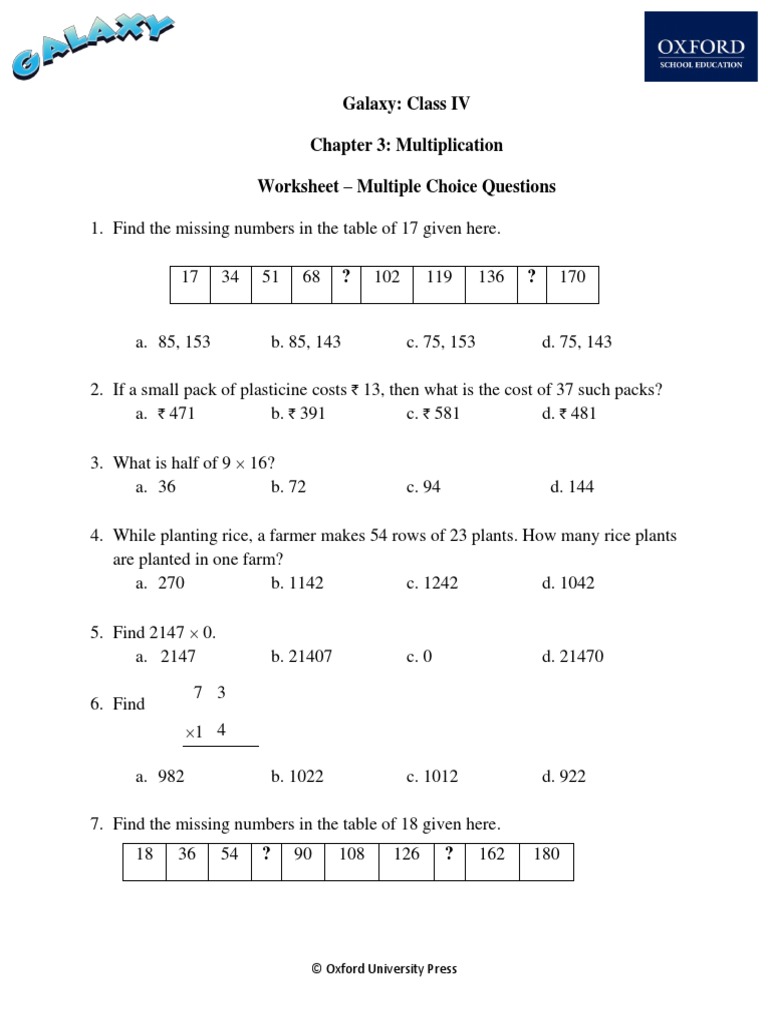 Galaxy: Class IV Chapter 3: Multiplication Worksheet - Multiple Choice ...
