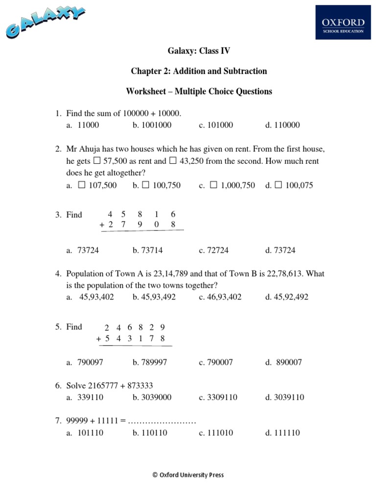 Galaxy: Class IV Chapter 2: Addition and Subtraction Worksheet ...
