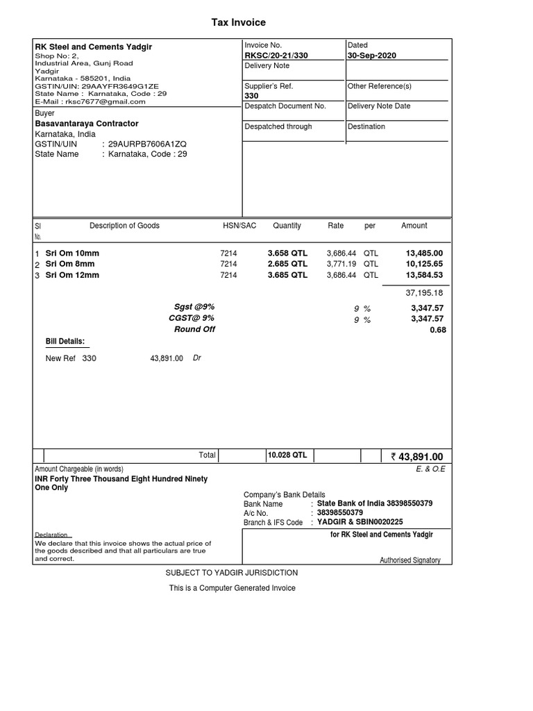 Invoice for the Sale of Steel Products from RK Steel and Cements Yadgir ...